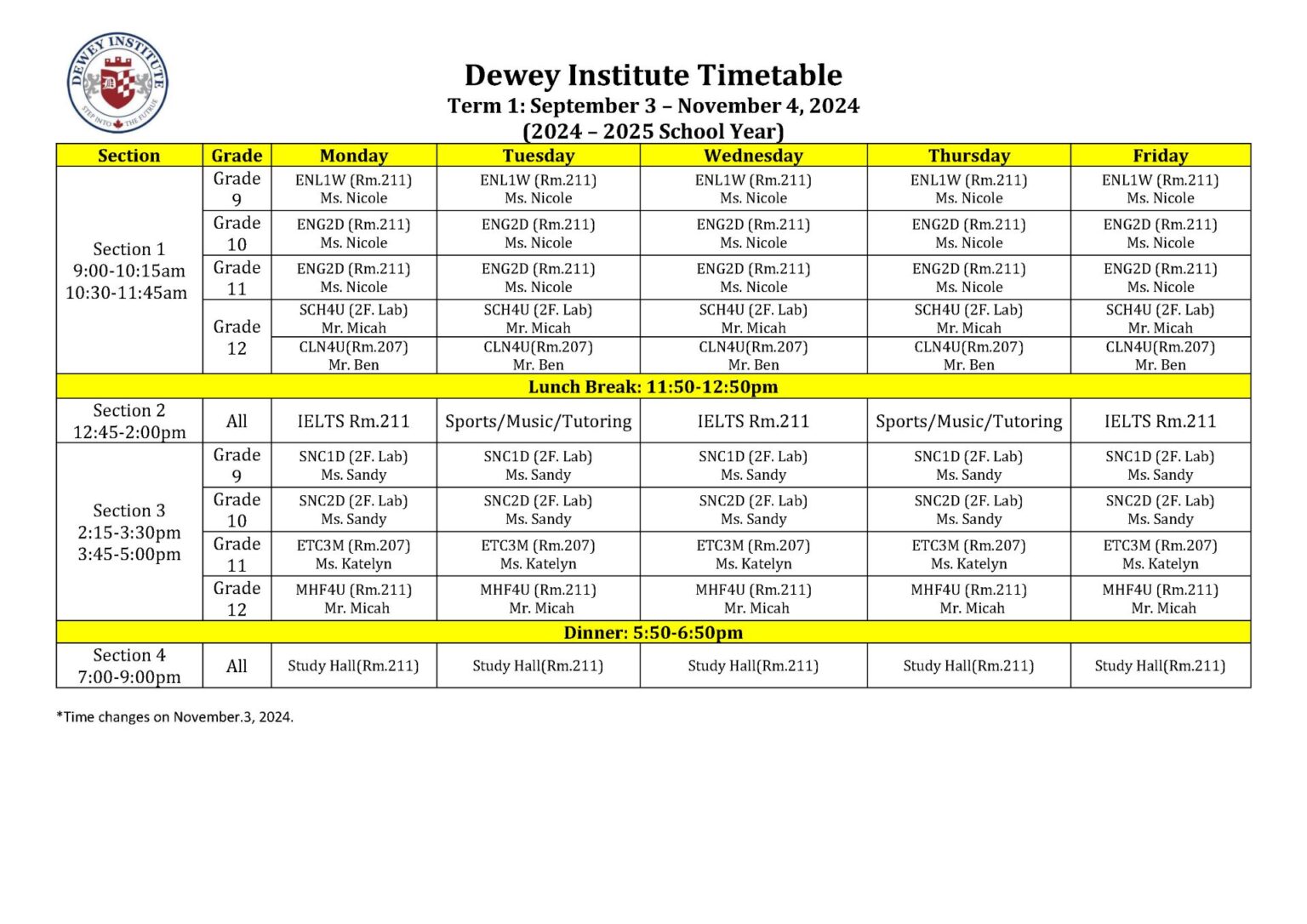 School Yearly Calendar & Timetable – Dewey Institute