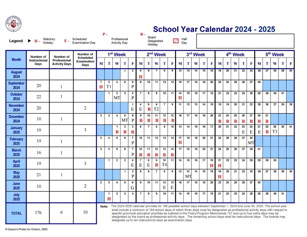 School Yearly Calendar & Timetable – Dewey Institute